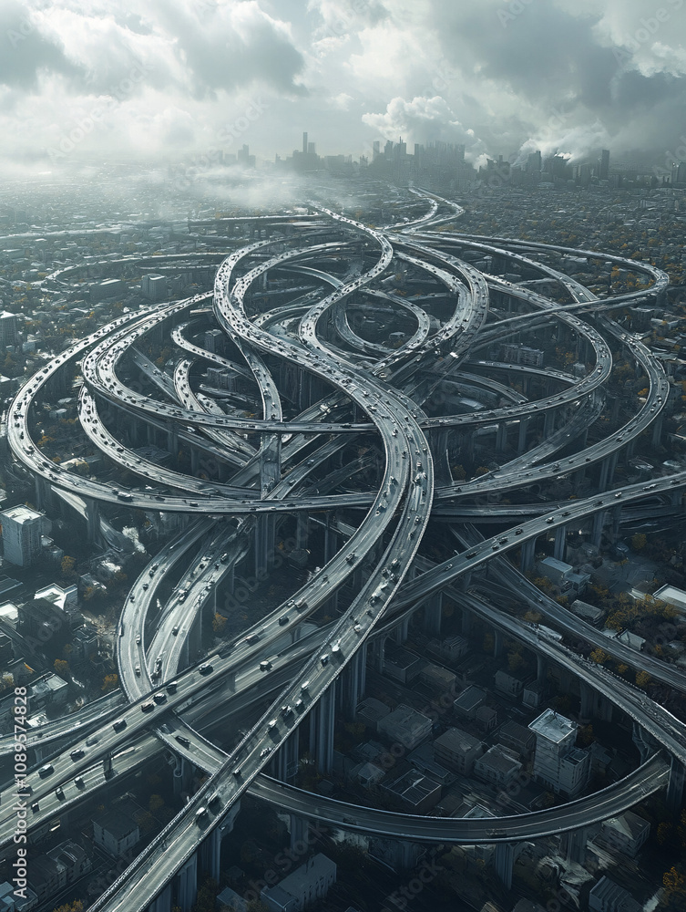 Aerial View of a Dystopian Intertwining Highway Network with Futuristic ...