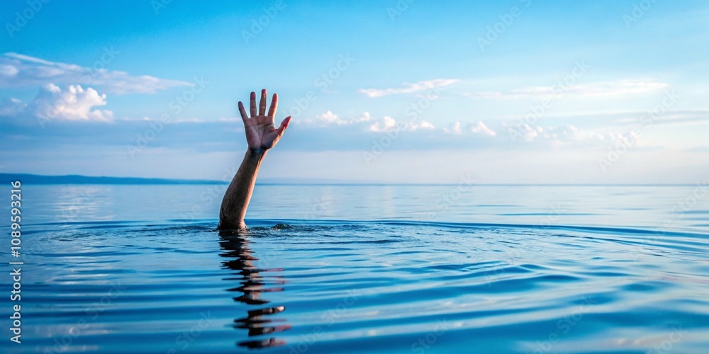 Desperate Hand Reaching Out of Water, Drowning Person, Blue Sky Stock ...