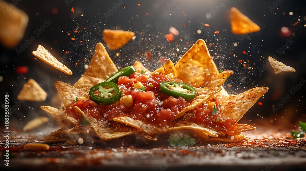 An array of nacho chips in mid-motion, with melted cheese strings ...