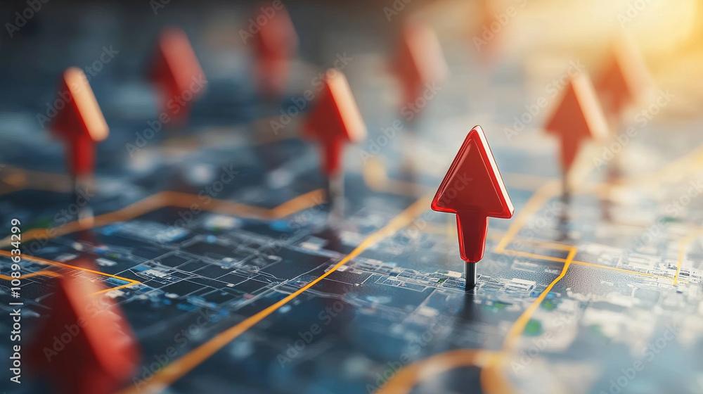 Navigating through digital map with red directional arrows indicating ...