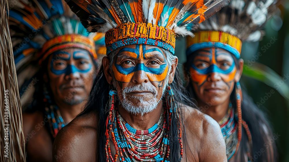 Three indigenous men wearing vibrant tribal attire and face paint ...