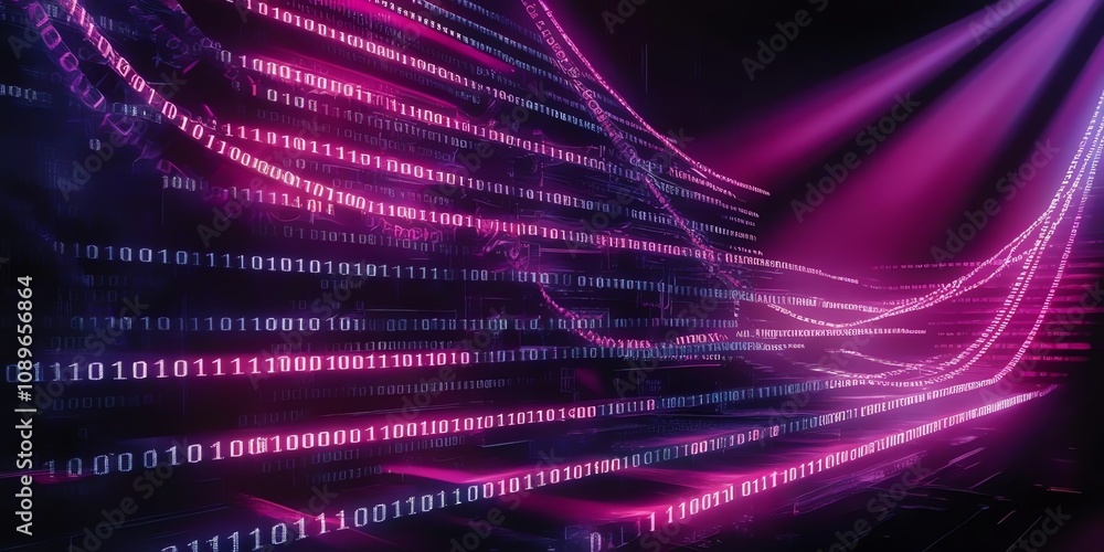 Binary code sequences floating through a digital space, with neon lights and dark shadows ...