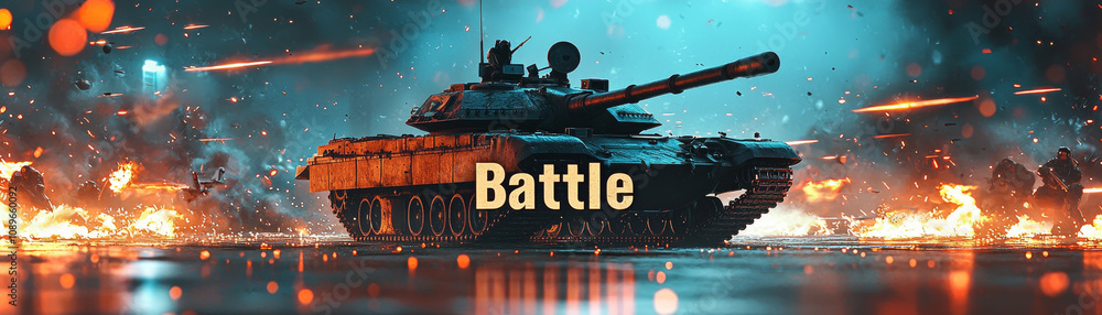 powerful tank stands prominently in dramatic battle scene, surrounded ...