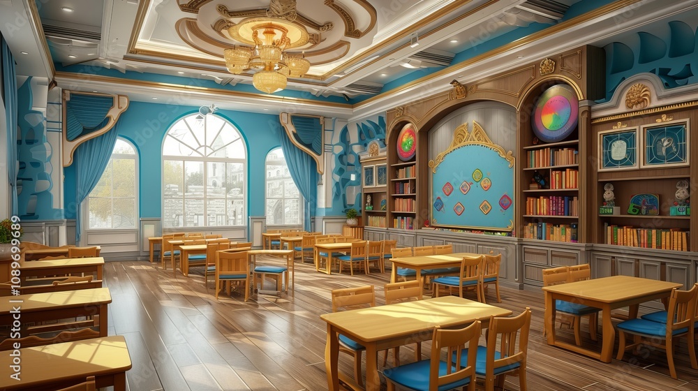 Vibrant and inspiring children kindergarten library space designed for ...