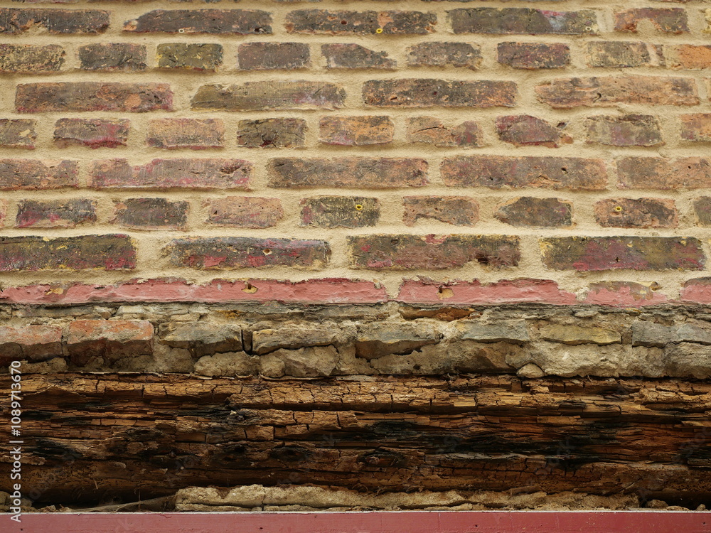 old medieval house wall is being exposed and restored. The masonry ...