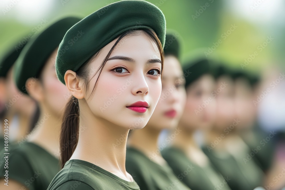 Row of young female soldiers in green berets and t shirts standing at ...