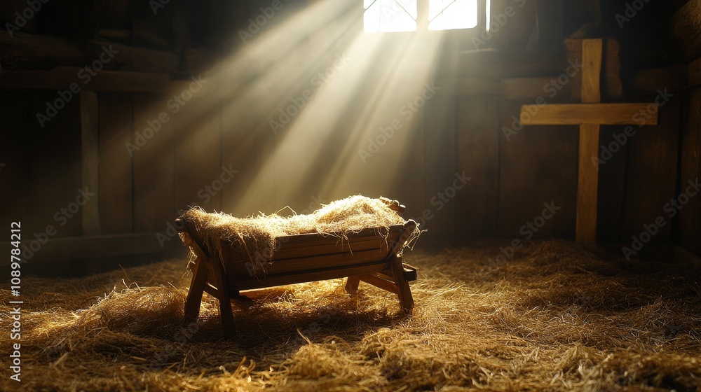 Photo & Art Print Serene nativity scene empty wooden cradle with cross ...