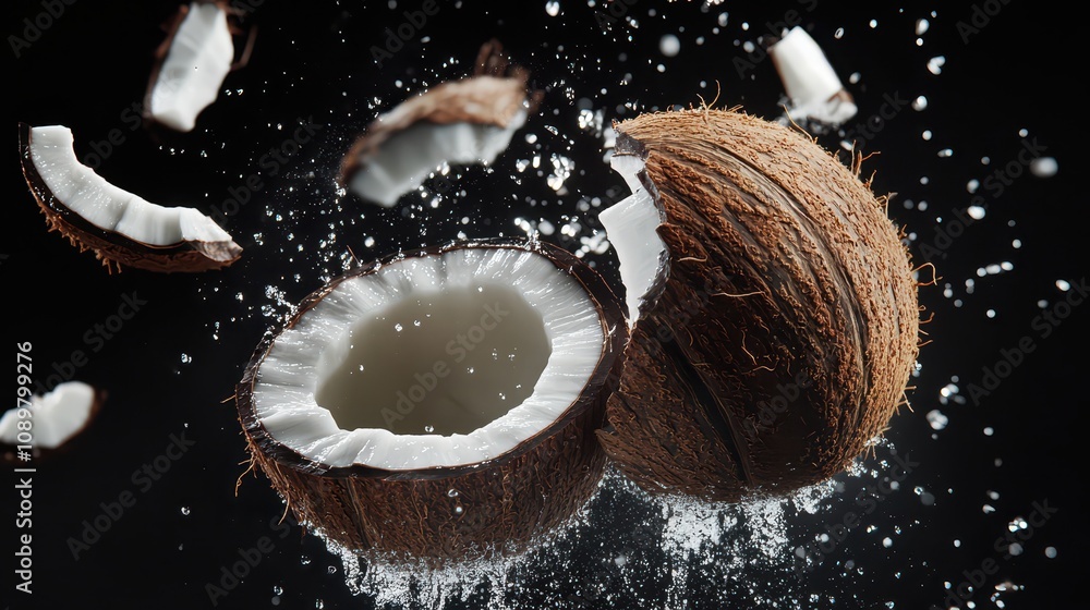 Broken coconut shell in mid-air, revealing fresh white flesh and ...