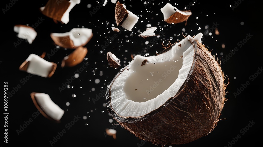 Broken coconut shell in mid-air, revealing fresh white flesh and ...