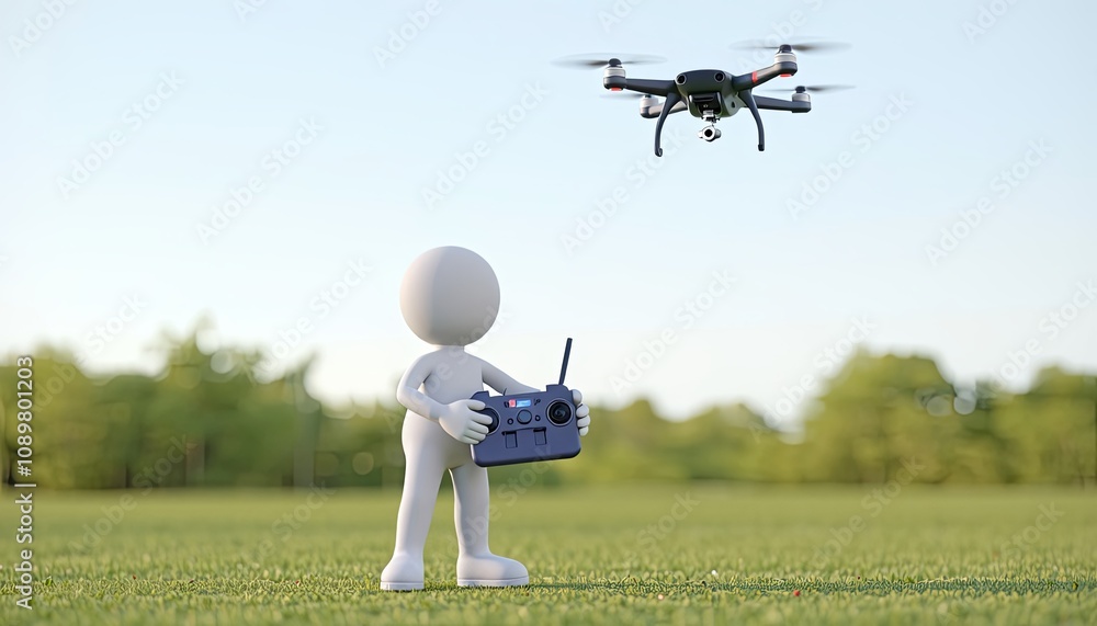 3D stick figure character controlling drone with modern remote, ideal ...