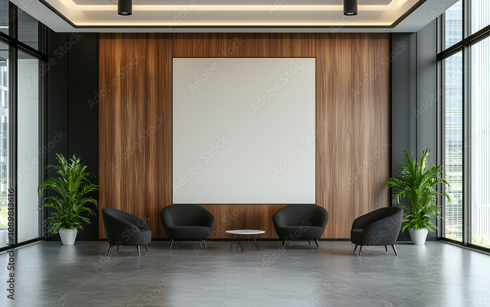Modern office lobby with sleek wooden walls and stylish seating ...