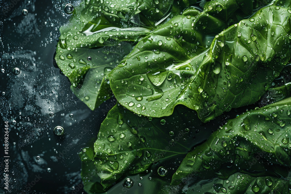 Vibrant green spinach leaves are covered in water droplets ...
