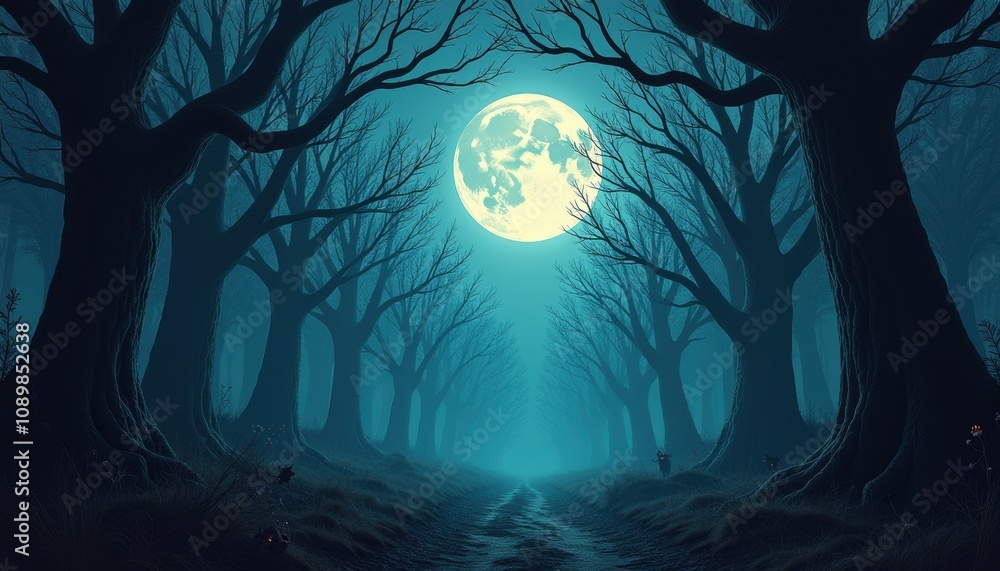 A full moon over a spooky haunted forest with dark trees and glowing ...