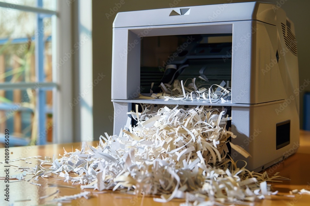 Shredded paper fills the compartment of a shredder in an office, showcasing the aftermath of ...