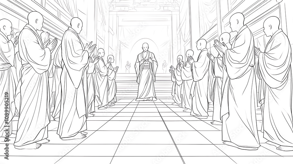 Line art of Japanese monks chanting sutras in dimly lit temple ...