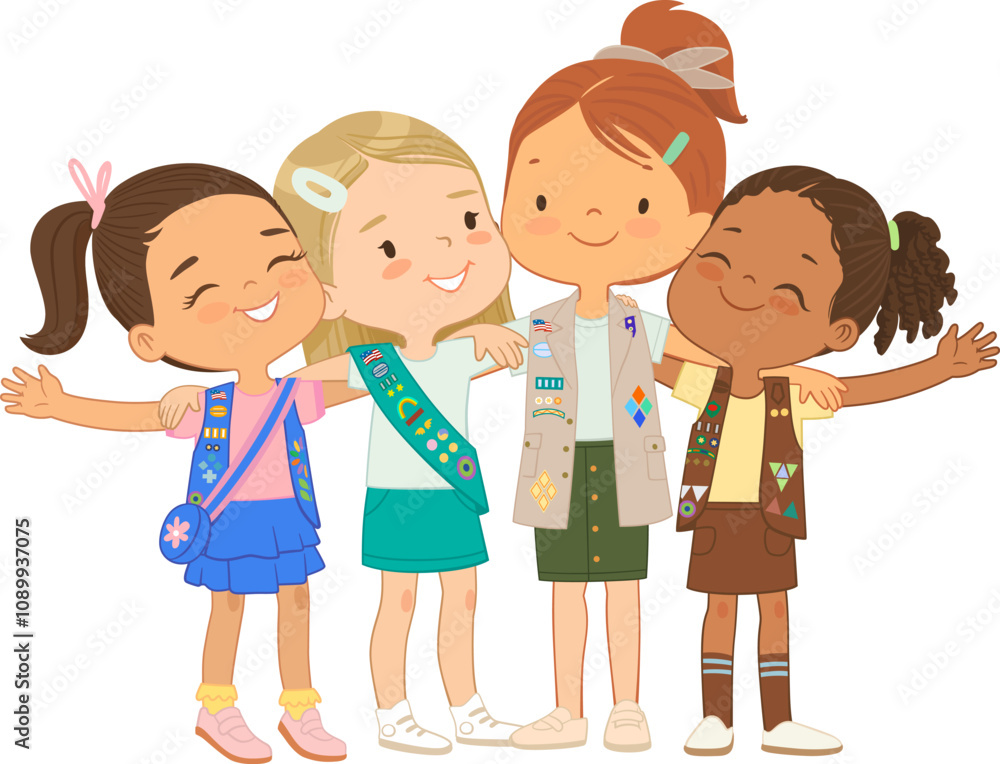 Happy Multicultural multi aged girls scout hug. Daisy, Junior, Cadette ...