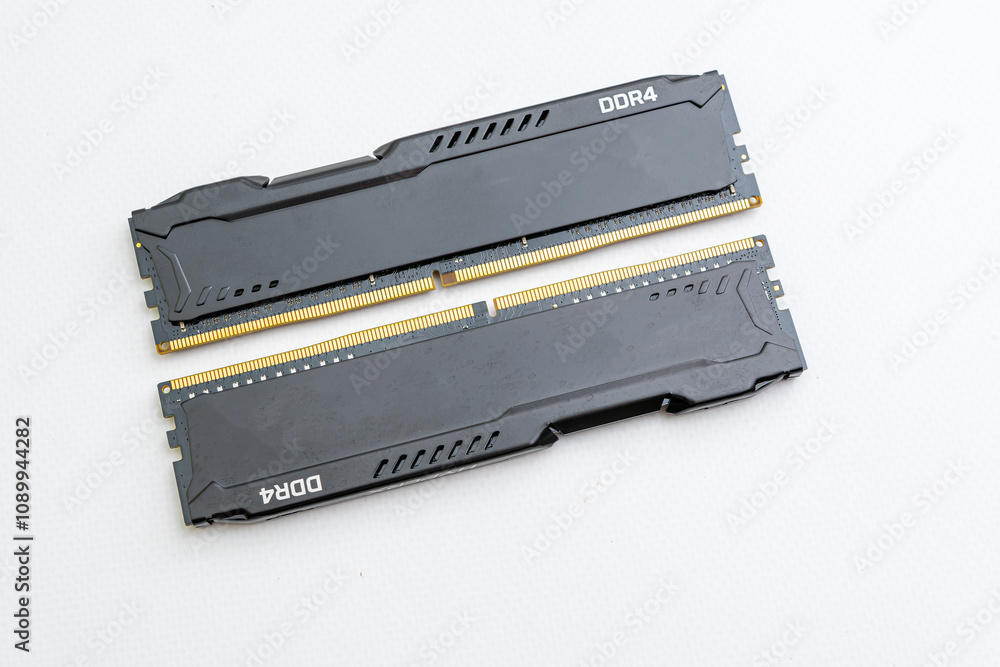 DDR4 RAM modules on a white background. Black heat spreader with the ...