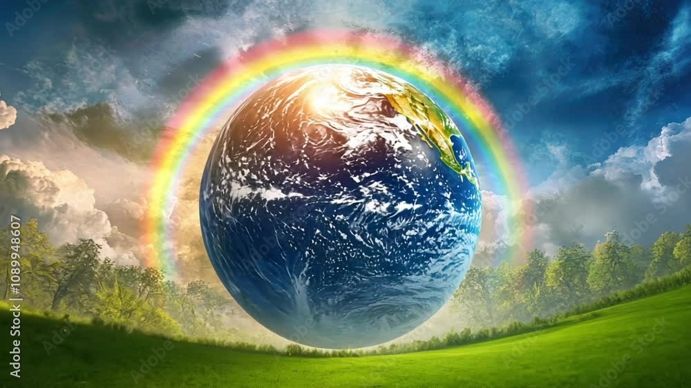 Rainbow Earth: A vibrant and hopeful image depicting planet Earth encircled by a radiant rainbow ...