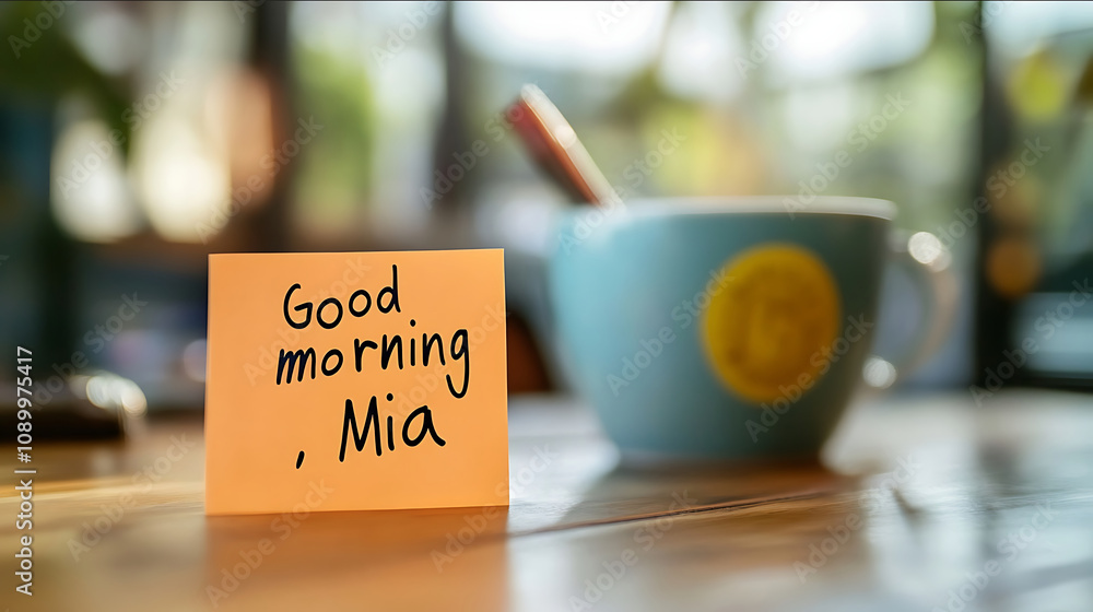 a photo of the text Good morning Mia written with a marker on a sticky ...