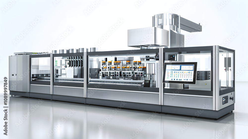 production line with hmi touch screen controller with white shades ...