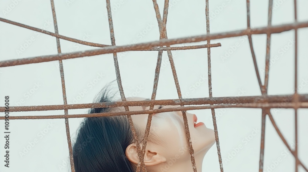 Glitched and corrupted female face. Beautiful girl. Split personality ...