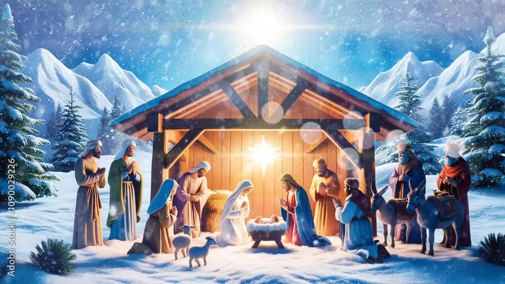 Animation style, Nativity scene depicting the birth of Jesus surrounded ...