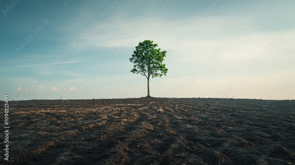 A single tree standing in a deforested area, Highlighting the impact of ...