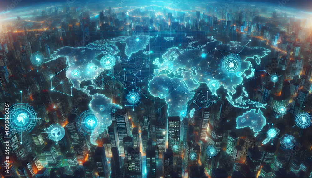 Logistic Futuristic world map with city lights, showing interconnected ...