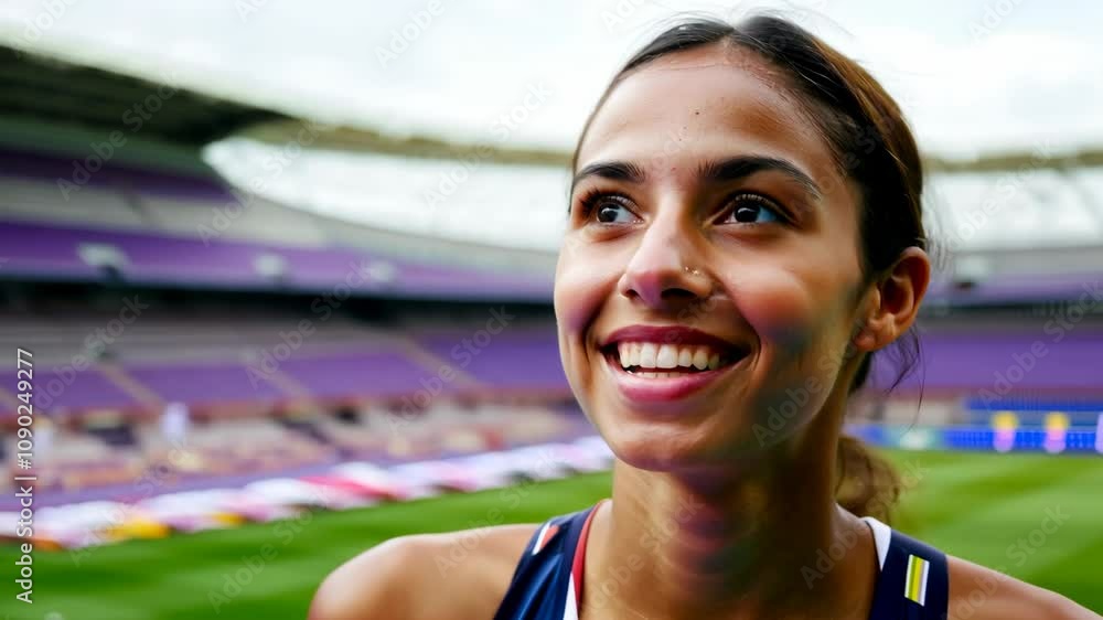 Close-up portrait of a smiley sportswoman on a track and field stadium ...