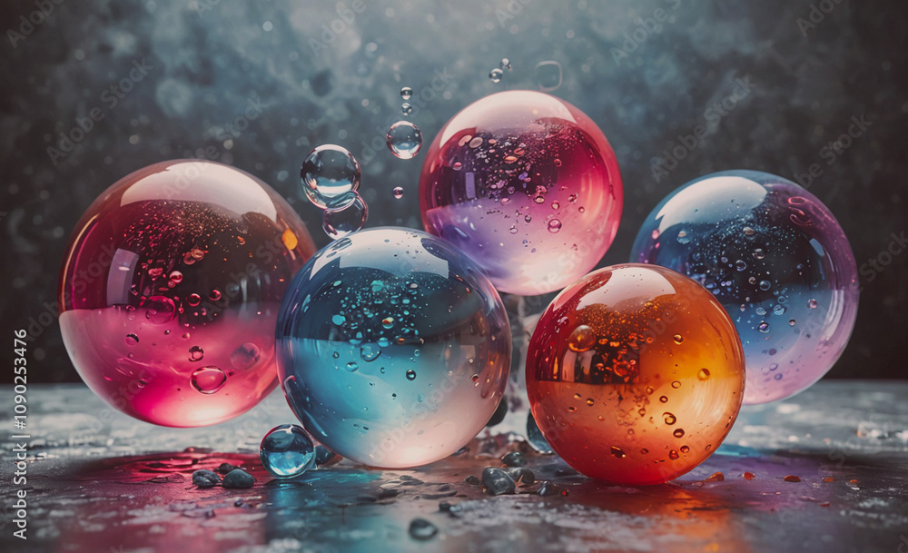 A group of colorful glass spheres are floating in the air. The spheres ...