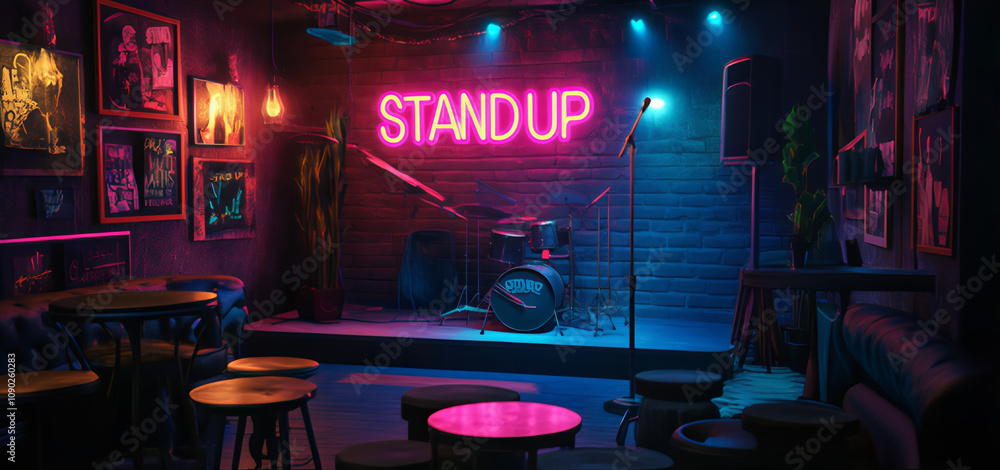 Stage spotlight neon stand up night of a thousand laugh comedy show ...