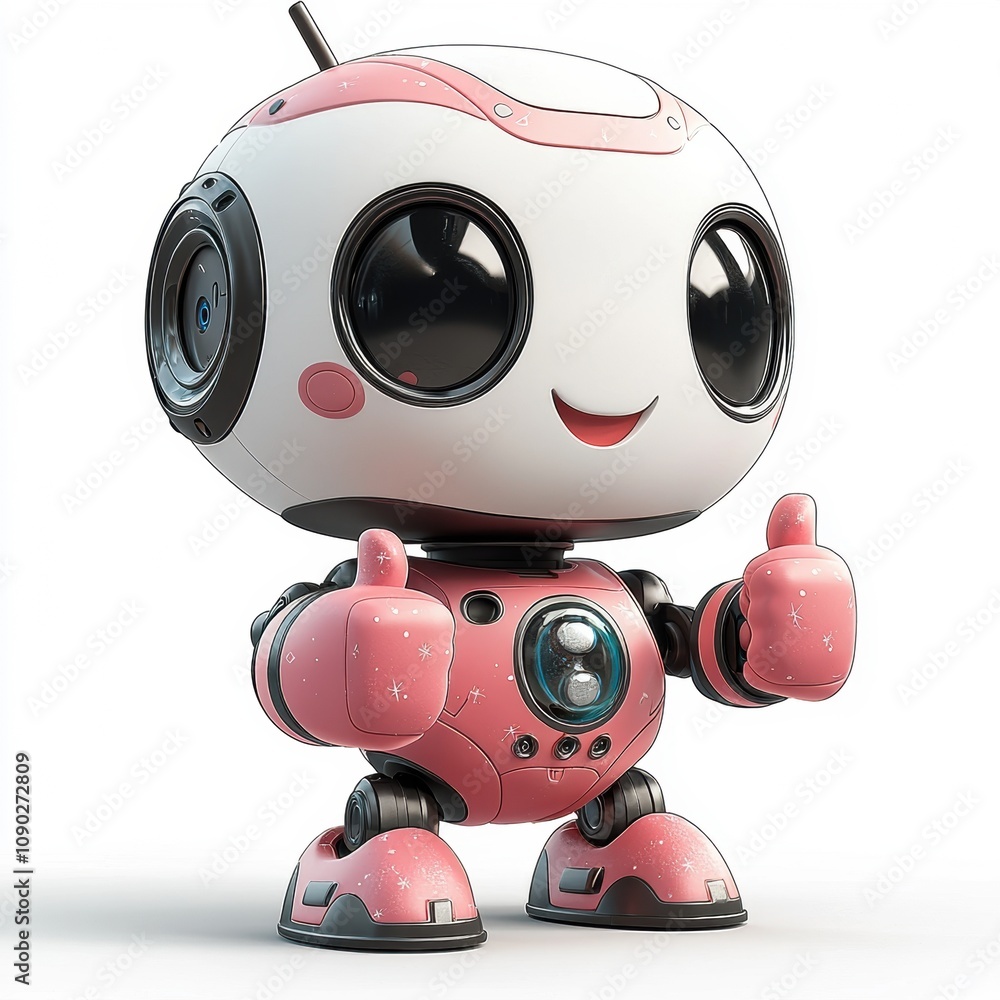 Pink Robot Thumbs Up: A delightful, pink and white robot gives a double ...