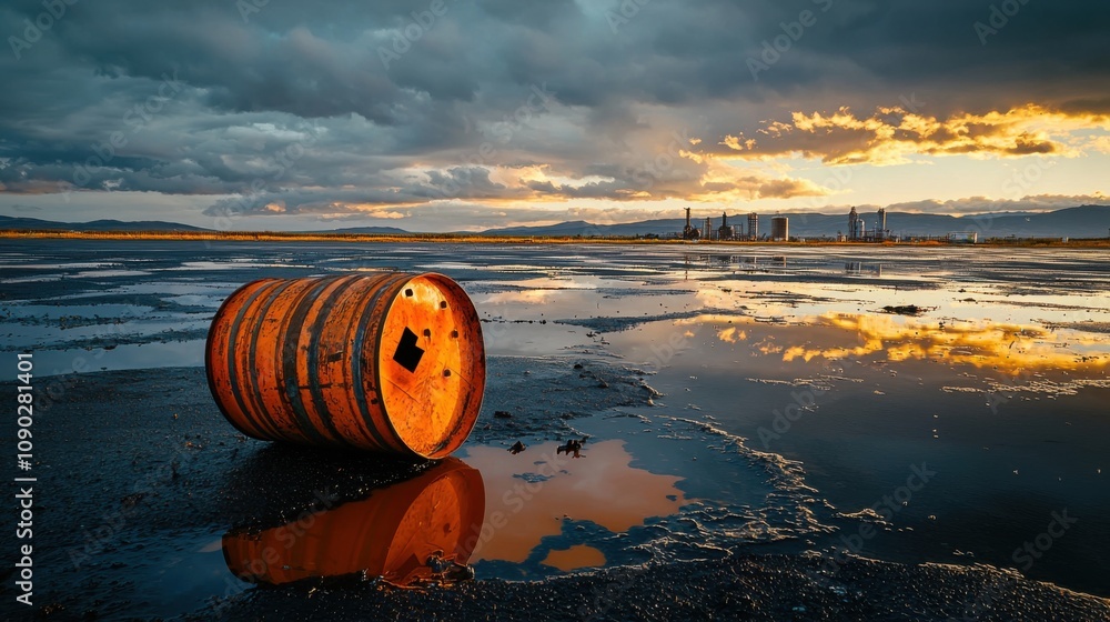 Environmental Decay: Abandoned Oil Barrel on Cracked Asphalt with Oil ...