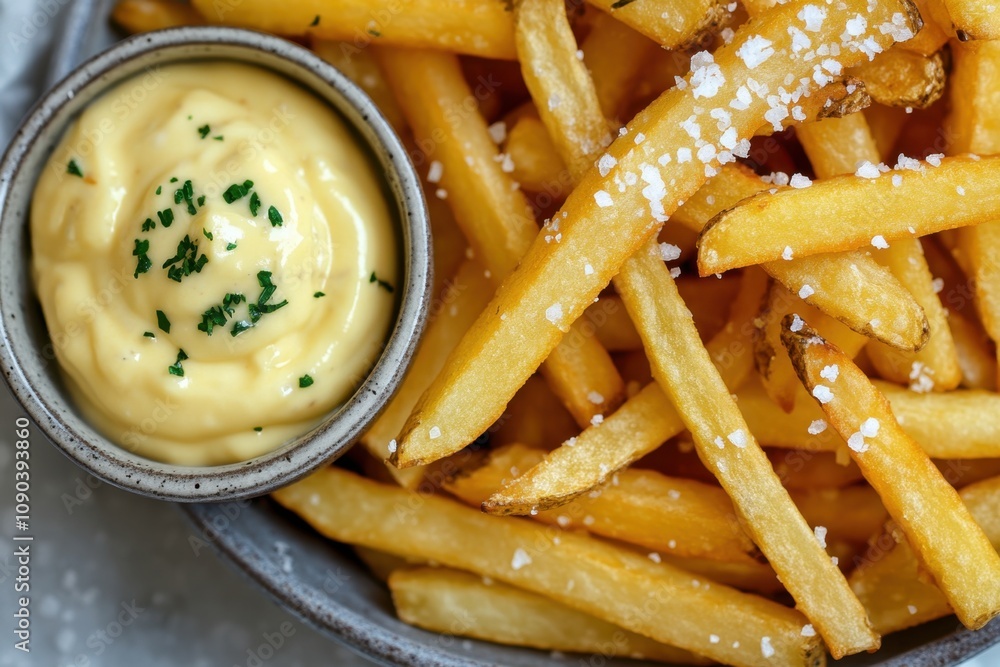 A detailed close-up top view photograph of golden crispy French fries ...