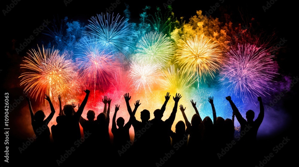 Vibrant fireworks illuminate the night sky, silhouetting a diverse ...