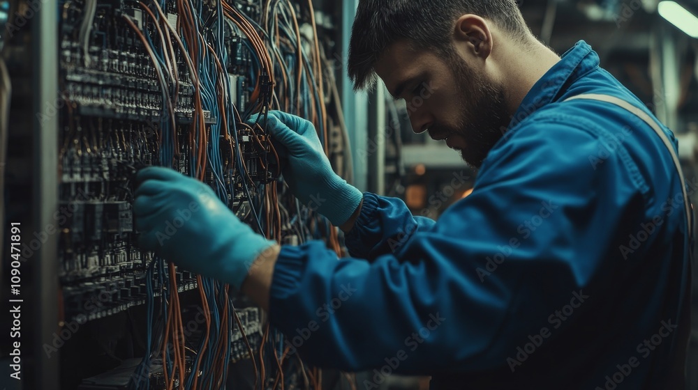 An electrician in blue overalls and safety gloves carefully inspecting ...