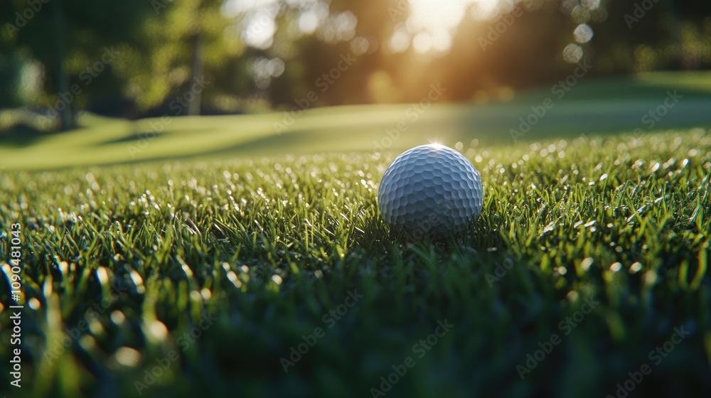 Close-up of a golf ball positioned on lush green grass, basking in warm ...