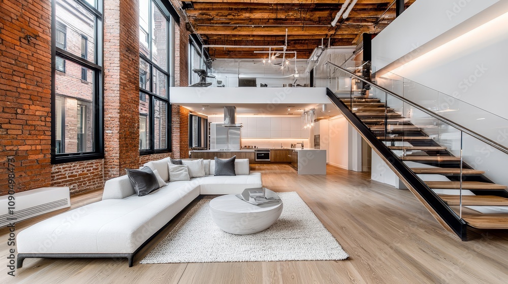 Urban loft interior, industrial style, exposed brick and high ceilings ...