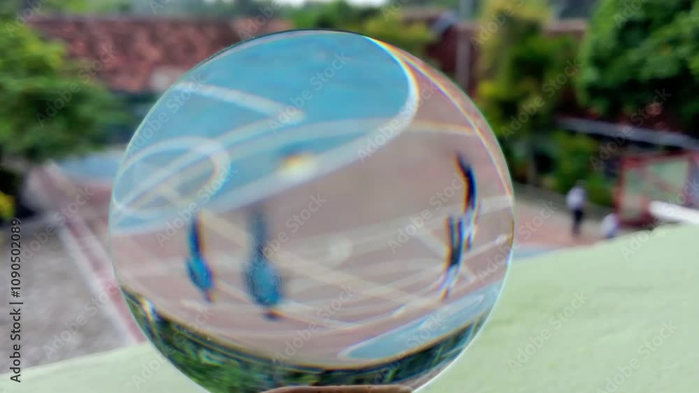 Convex lenses create inverted images of children playing in the school ...