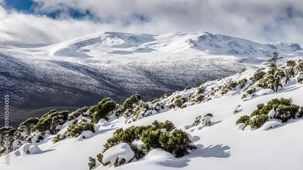 The snowy peaks of mount kosciuszko in winter with alpine vegetation ...