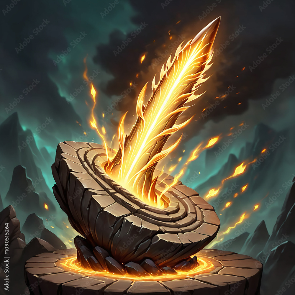 A fiery, golden sword is embedded in a stone altar with circular rings ...