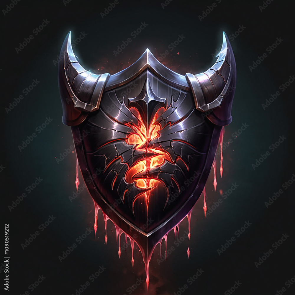 A dark, metallic shield with horns is cracked, revealing a glowing ...