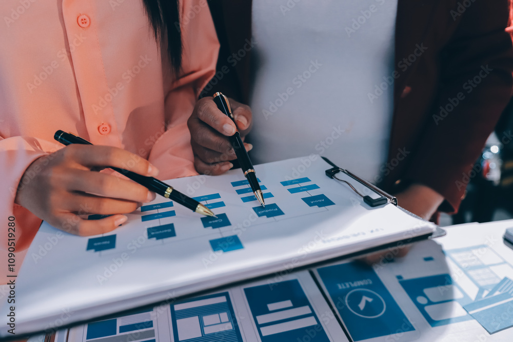 Young Asian business creative team work together, mobile application software design project ...