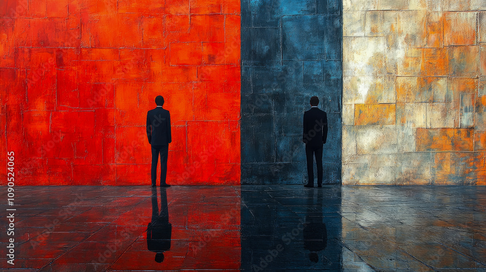 Two individuals in suits stand against vibrant red and muted blue walls ...