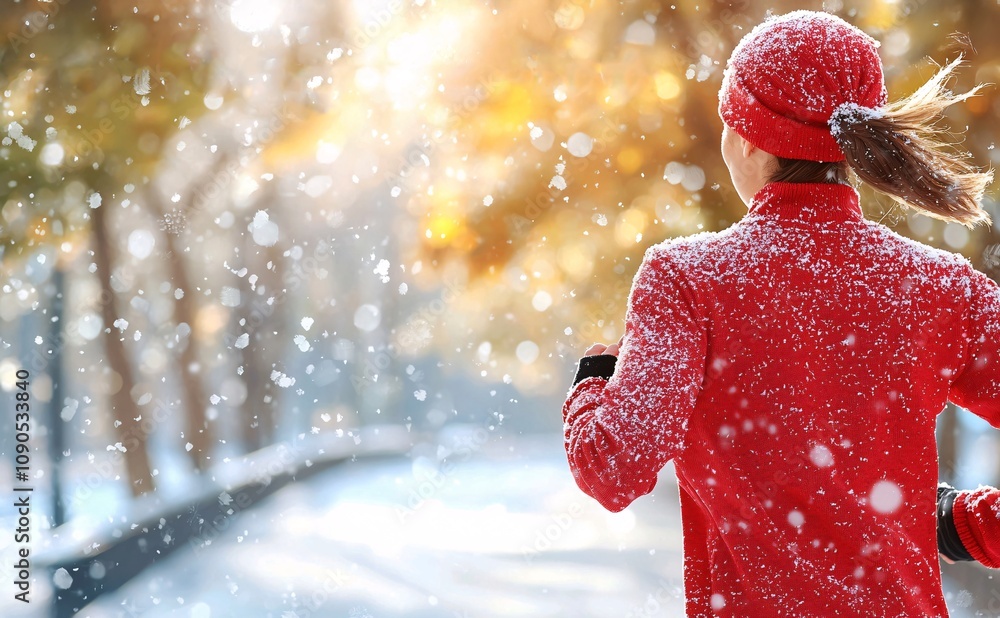 Cardio Christmas workout concept.A person jogs in the snow wearing a ...