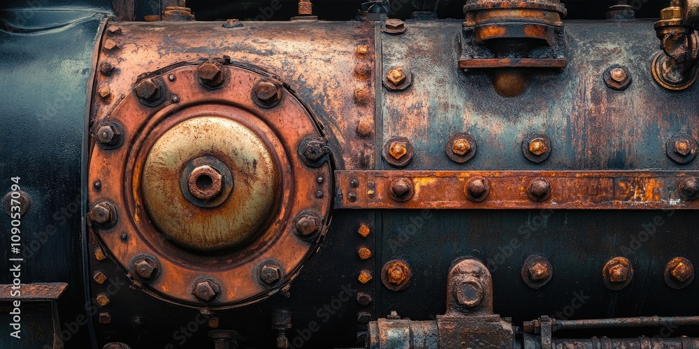 Close up of an old, rusty steam engine showcasing intricate details ...