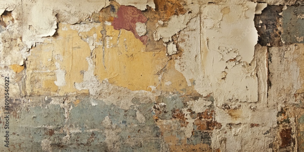 The texture of neglected plaster walls shows signs of wear, revealing ...