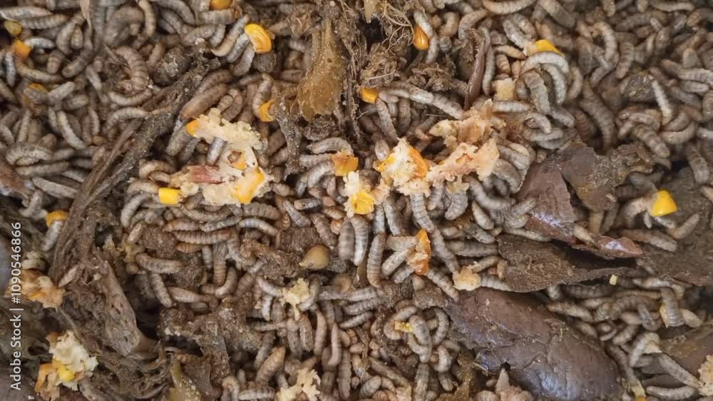 Maggot farming. Horizontal video of maggots eating horizontal, insect ...