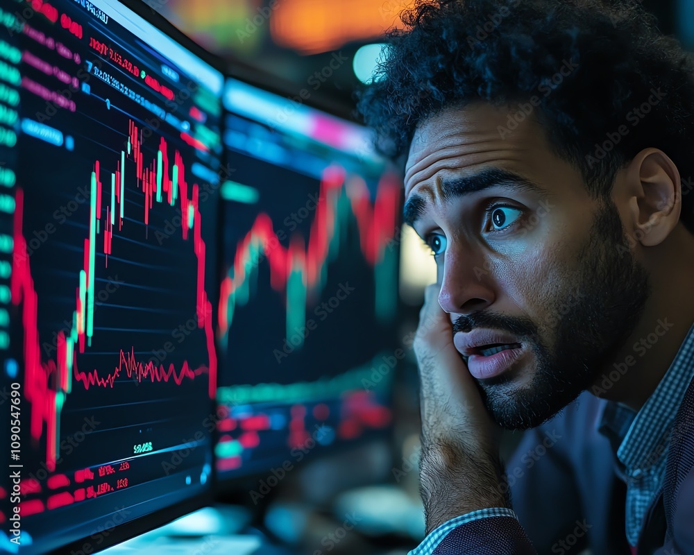 A worried stock trader, sweat dripping down his face, facing a monitor ...