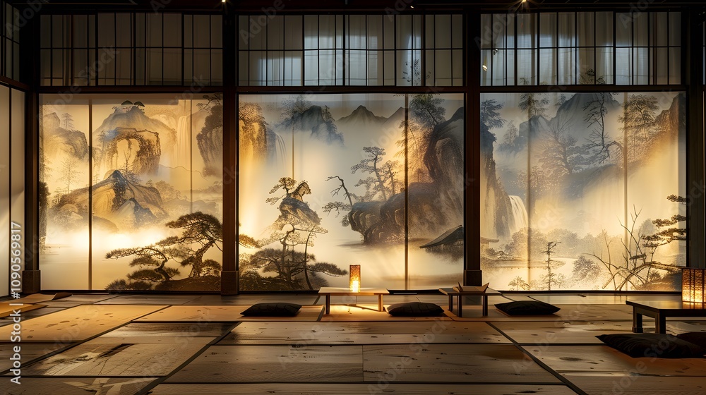 The photo showcases a beautifully designed shoji screen, with intricate ...